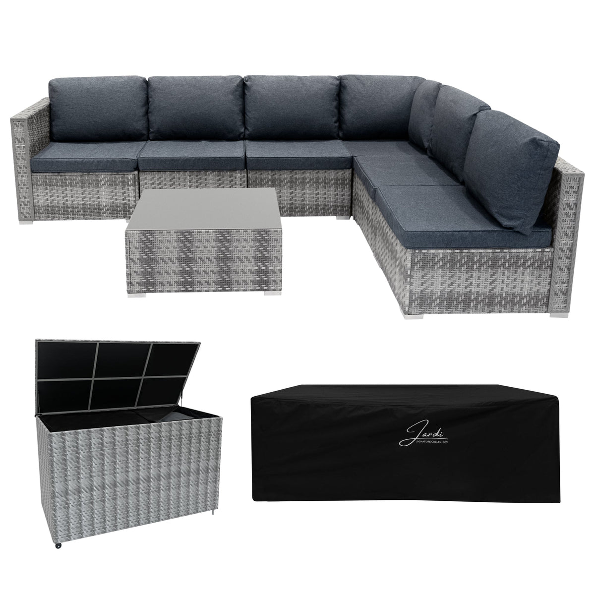 Rattan Modular 7 Piece Furniture Set & 700L Storage Box - Grey ...